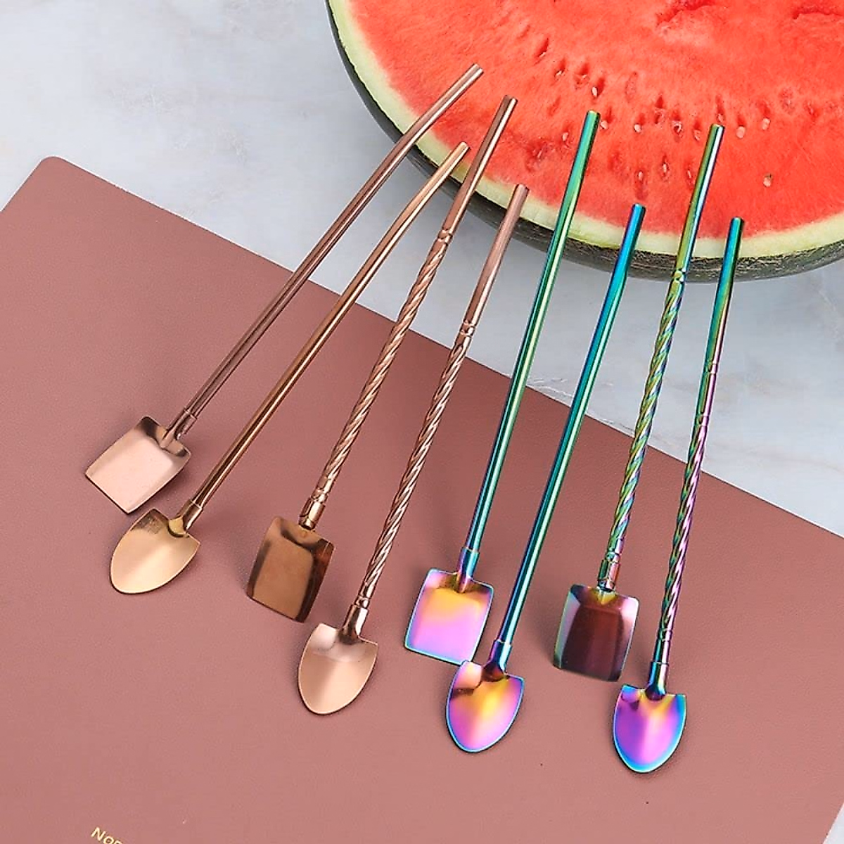 Drinking Spoon Straws Stainless Steel Spoon Straws Reusable Metal Cocktail Spoons Straws For Milkshake, Smoothies(twisted square,gold)