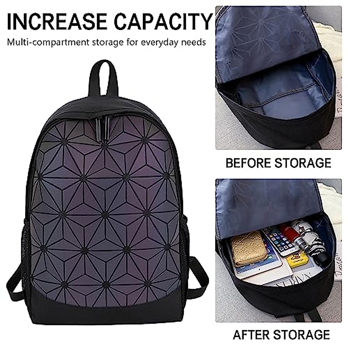 JMSBMQSE Backpacks Holographic Reflective Bag Bags Irredescent Rucksack Rainbow Fashion dazzle color geometric backpack. Creative personality backpack. Street fashion sports backpack.