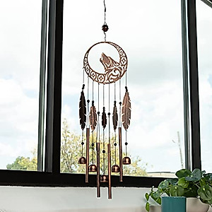 VP Home 27.5" H Rustic Copper Tribal Wolf Dream Catcher Wind Chimes for Outside Unique Dreamcatcher Wolf Windchimes Outdoor Decoration Garden Decor Wolf Wind Chime Gift for Women, Mom, Grandma, Unisex