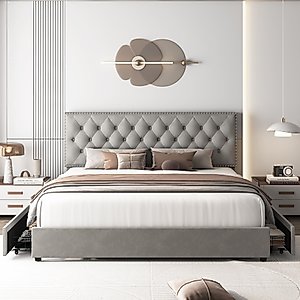 HOSTACK Queen Size Bed Frame with 4 Storage Drawers, Modern Upholstered Platform Bed with Adjustable Headboard,Button Tufted Bed Frame with Wood Slat Support,No Box Spring Needed(Grey, Queen)
