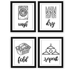 Modern 5th Laundry Room Signs (Set of 4 Unframed - 8 x 10 Inches), Wash Dry Fold Repeat, Typography Wall Art Decor Prints, Black and White Print Unframed