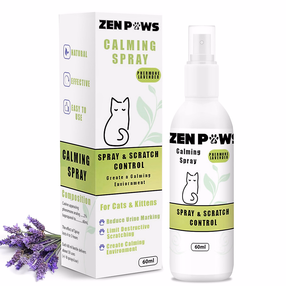 Zenpaws Cat Phermone Calming Spray - Quickly Relieve Stress - Reduces Scratching Furniture, Peeing, Marking, Anxiety - Supports Relief for Fireworks, Travel, Vet Visits 60ml