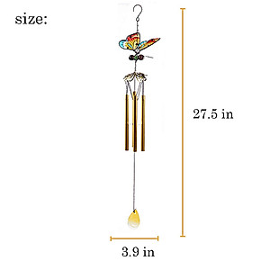 Butterfly Wind Chimes, AVEKI 27.5''H Iron Stained Glass Butterfly Wind Chimes Gifts for Mom Outdoor/Indoor Wind Chimes for Home, Garden, Window, Yard, Patio, Lawn Decoration (Yellow)