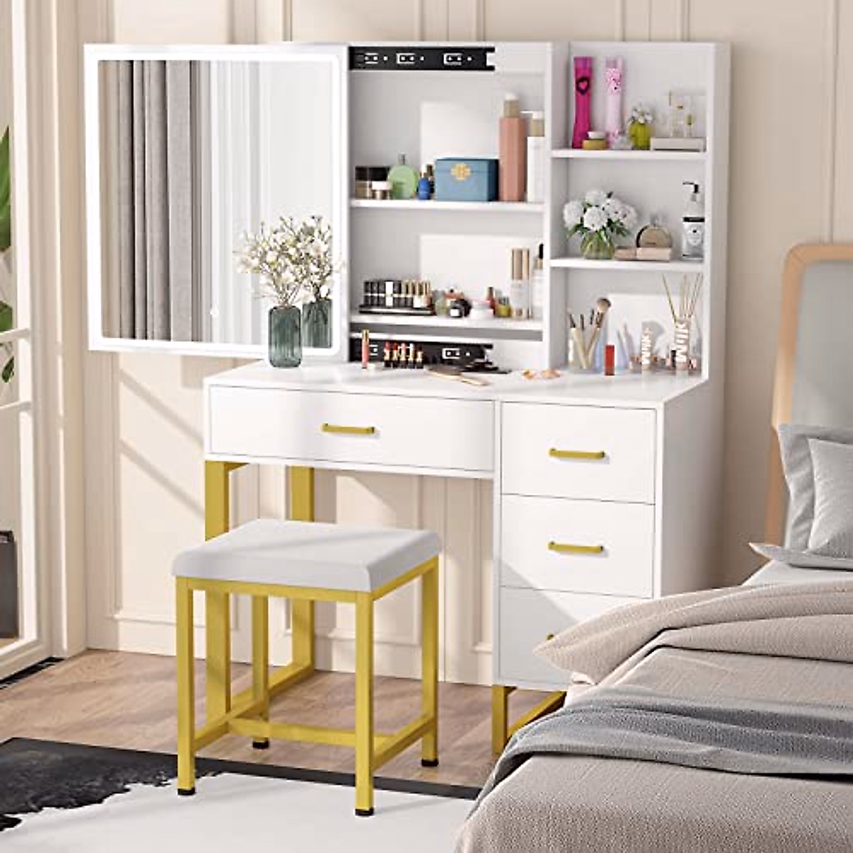 PAKASEPT Makeup Vanity with Sliding Lighted Mirror, Vanity Desk Dressing Table with 4 Drawers, White Vanity with Hidden Shelves & Cushioned Stool for Bedroom(White)