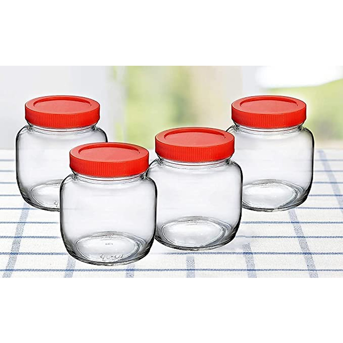 Yera Glass Square Clear Jars & Containers||for Kitchen Pantry Masala,Honey,Pickles,Dry Fruits,and Coffee Beans Storage||Gifting And Crafting Item||Plastic Red Lid (Aahar Jar) (300ml, Set Of 4)