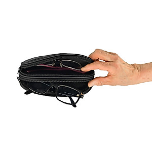 HOME-X Double Eyeglass Holder, Black Leather Pouch with 2 Compartments, Travel Bag, Toiletry Pack, Pencil Case