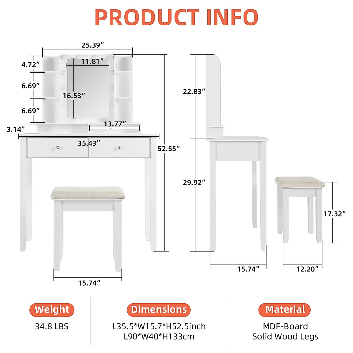AODAILIHB Vanity Desk with Mirror and Lights, 35" Makeup Vanity Dressing Table with Vanity Stool/2 Drawers/Open Shelves/3 Color Lighting Modes & Brightness Bedroom Furniture (White)