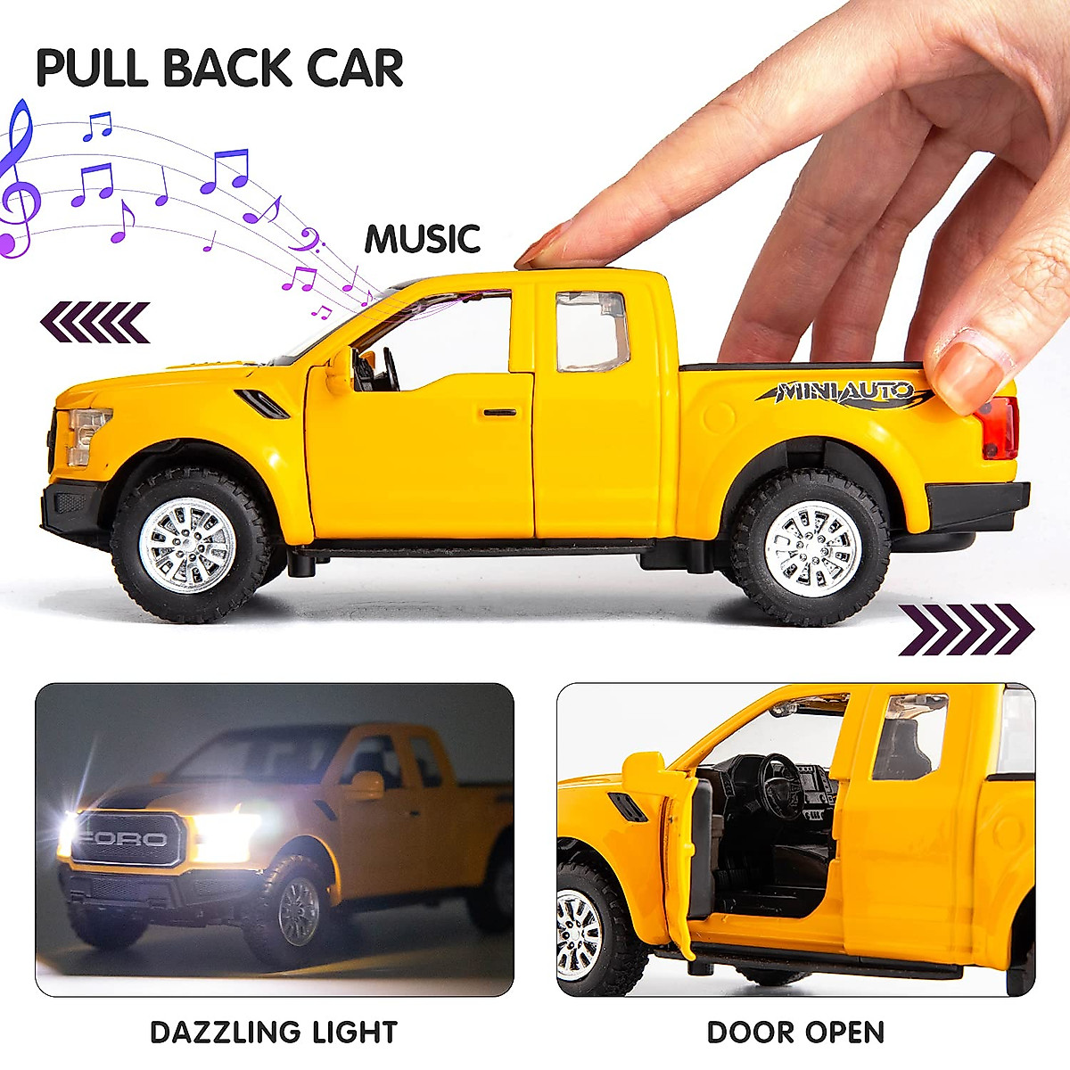BDTCTK Compatible for 1:32 Ford Raptor F150 Pickup Truck Car Model, Diecast Pull Back Car Toy Car with Sound and Light for Kids Boy Girl, Metal Body, Yellow