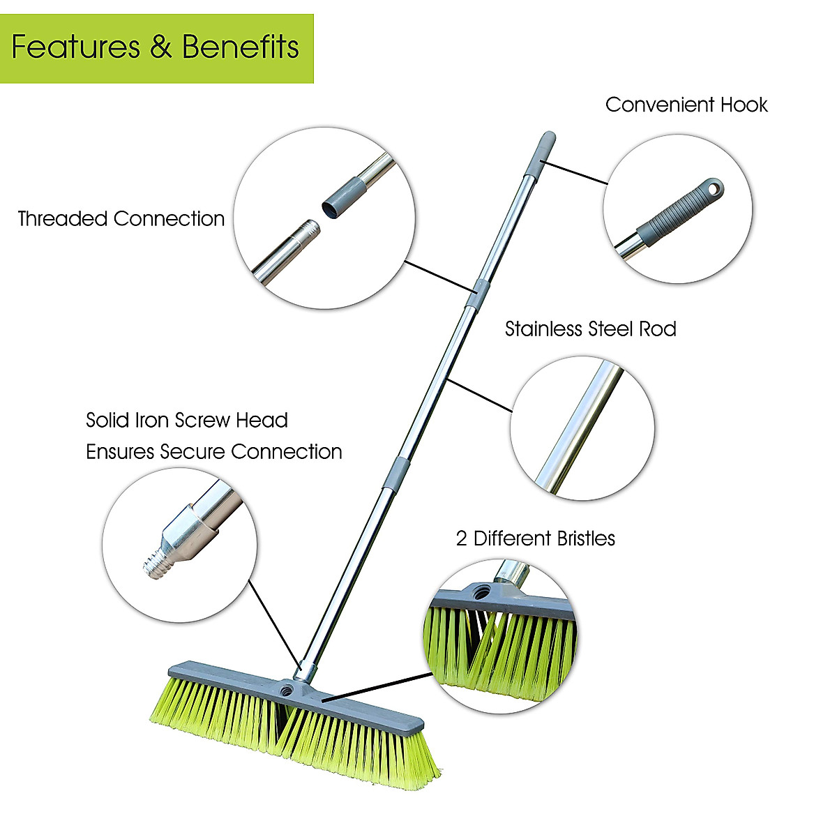 PHYEX 18” Push Broom with Adjustable Long Handle, Multi-Surface Floor Scrub Brush for Cleaning Deck, Patio, Garage, Driveway