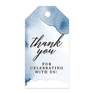 Andaz Press 100-Pack Thank You For Celebrating With Us Favor Tags Navy Blue Watercolor Cardstock Gift Tags with Bakers Twine for Wedding Baby Shower Bridal Shower Birthday Party Favors 2 x 3.75-Inches