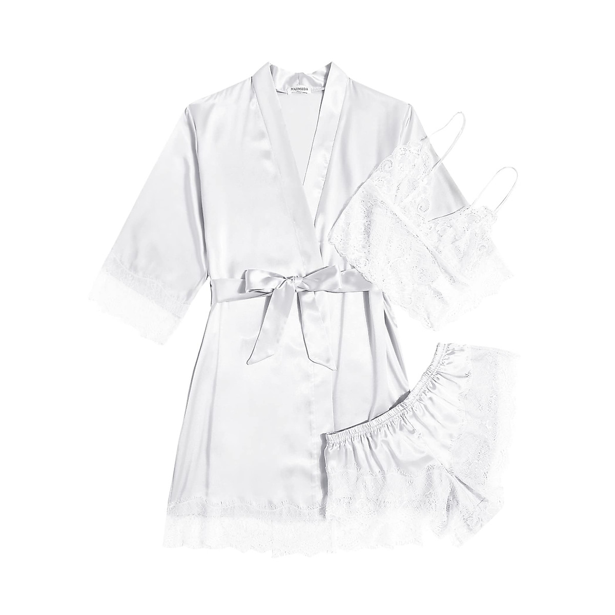 MAXMODA Sexy Pajamas for Women Silk Sleepwear Set 3/4 Sleeve Robes with Belt 3 Piece Satin Pjs Sets Snow White