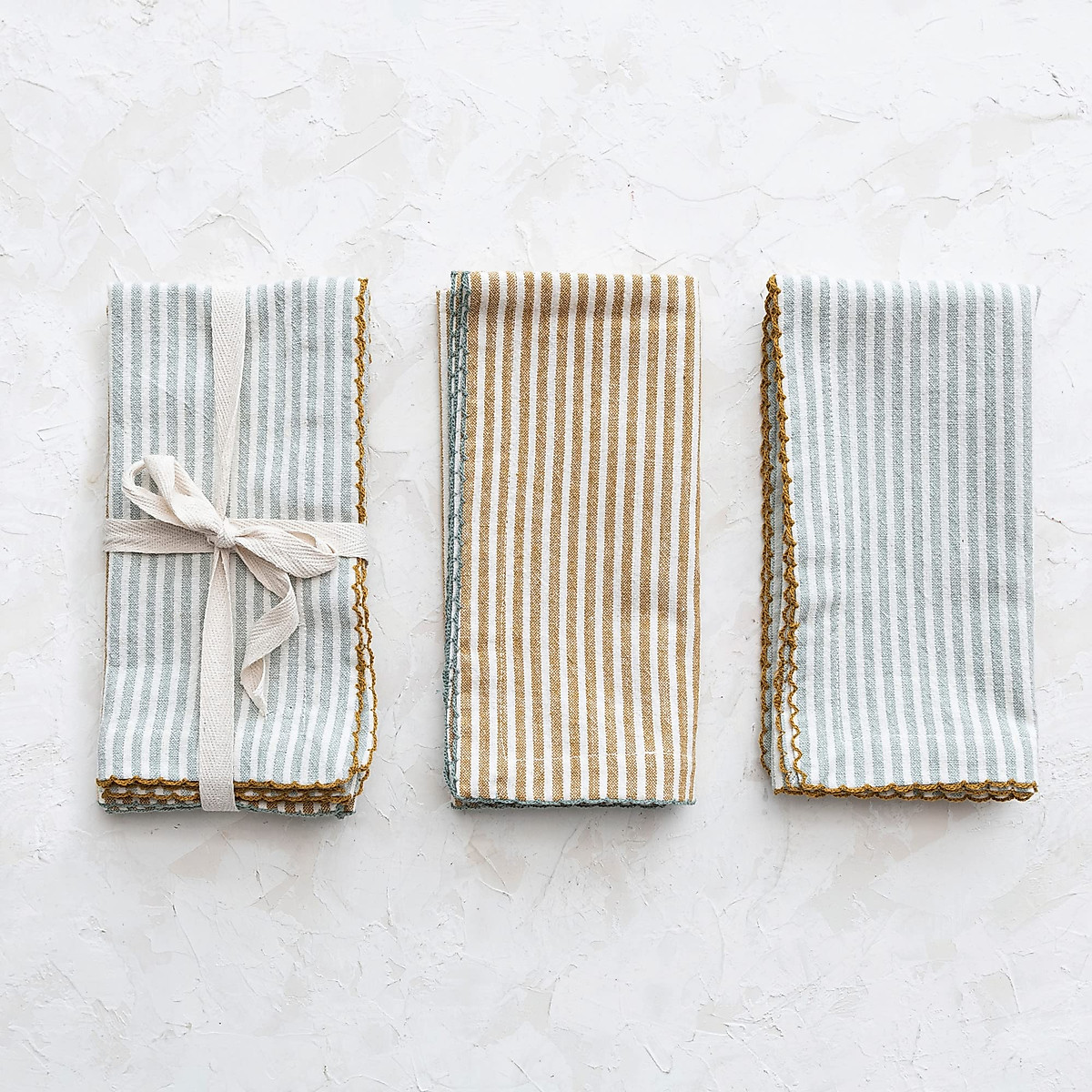 Creative Co-Op Square Cotton Scalloped Edge and Stripes, Set of 4, 2 Colors Napkin, Multi