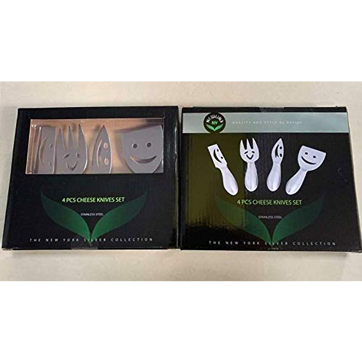NewlineNY Stainless Steel 4 Pieces Smiling Faces Cheese Knife Set: Hard and Soft Cheese Knives, Serving Fork & Cheese Spreader