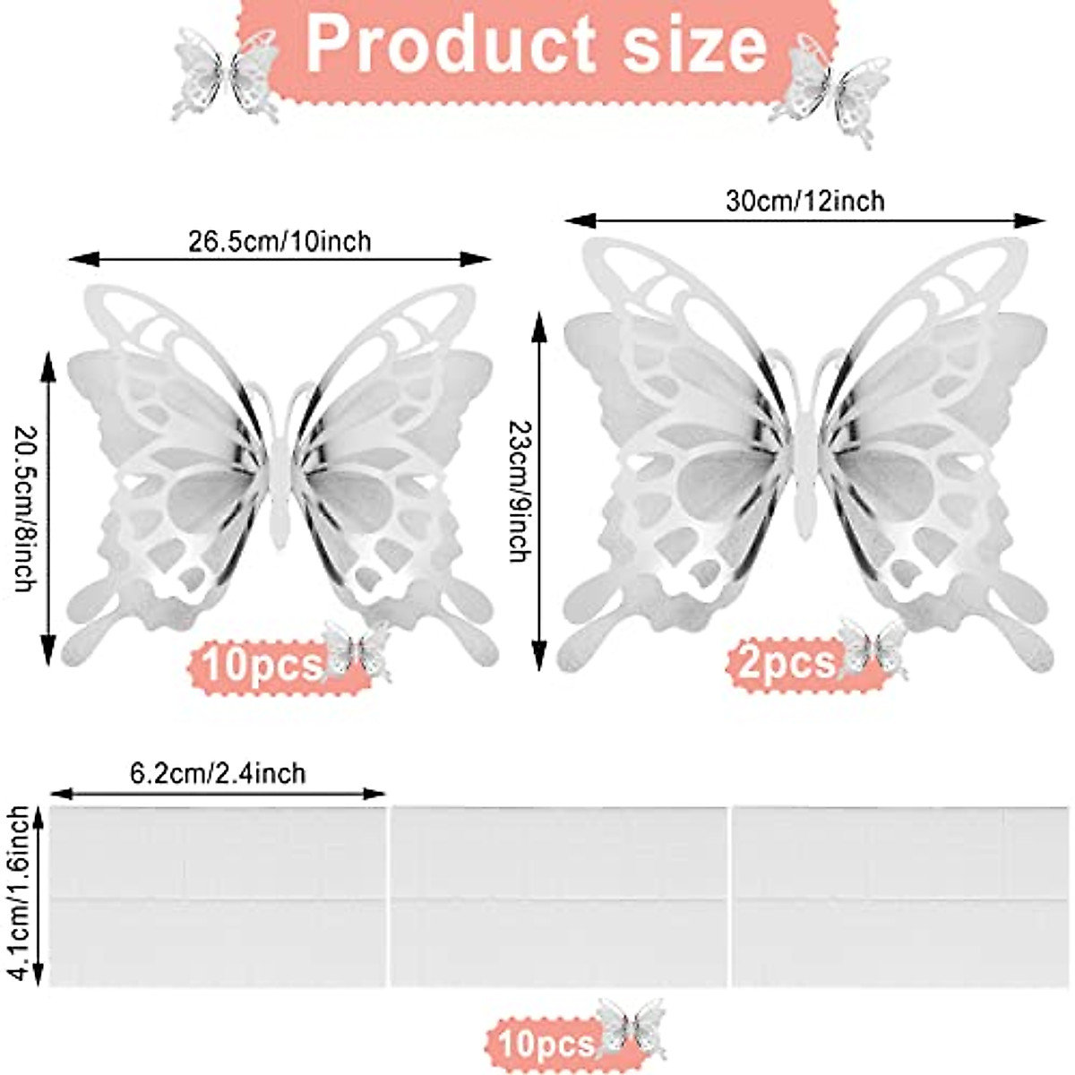 12 Pcs Large Butterfly Party Decoration Paper Butterfly in 2 Different Size 3D Butterfly Wall Decor Set Giant Butterfly for Birthday Baby Shower Nursery Girl Bedroom Wedding (Silver)