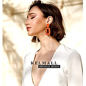 KELMALL Raised Design Drop Dangle Statement Earrings for Women Classic Metallic Geometric Rectangle Earring- Neon Orange