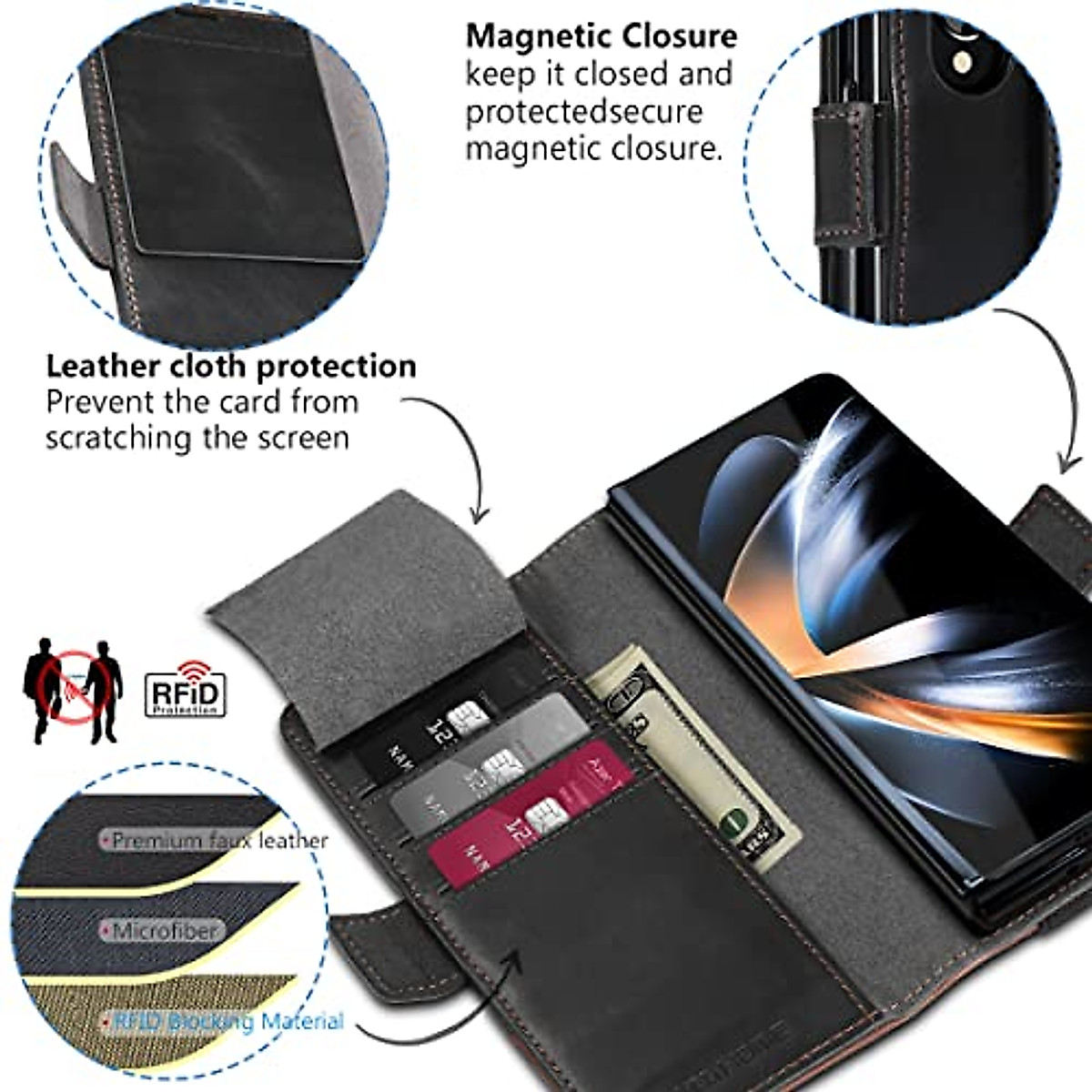 KEZiHOME Samsung Galaxy Z Fold 4 Case, Genuine Leather Galaxy Z Fold 4 Wallet Case [RFID Blocking] with Card Holder Flip Kickstand Magnetic Case Compatible with Samsung Z Fold 4 5G (Black/Brown)