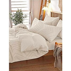 Nanko Beige Duvet Cover Twin Size, 2pc Boho Tufted Microfiber Bedding Comforter Cover Set, All Season Aesthetic Shabby Chic Soft Embroidery Textured Geometric Quilt Cover 68x90 inches