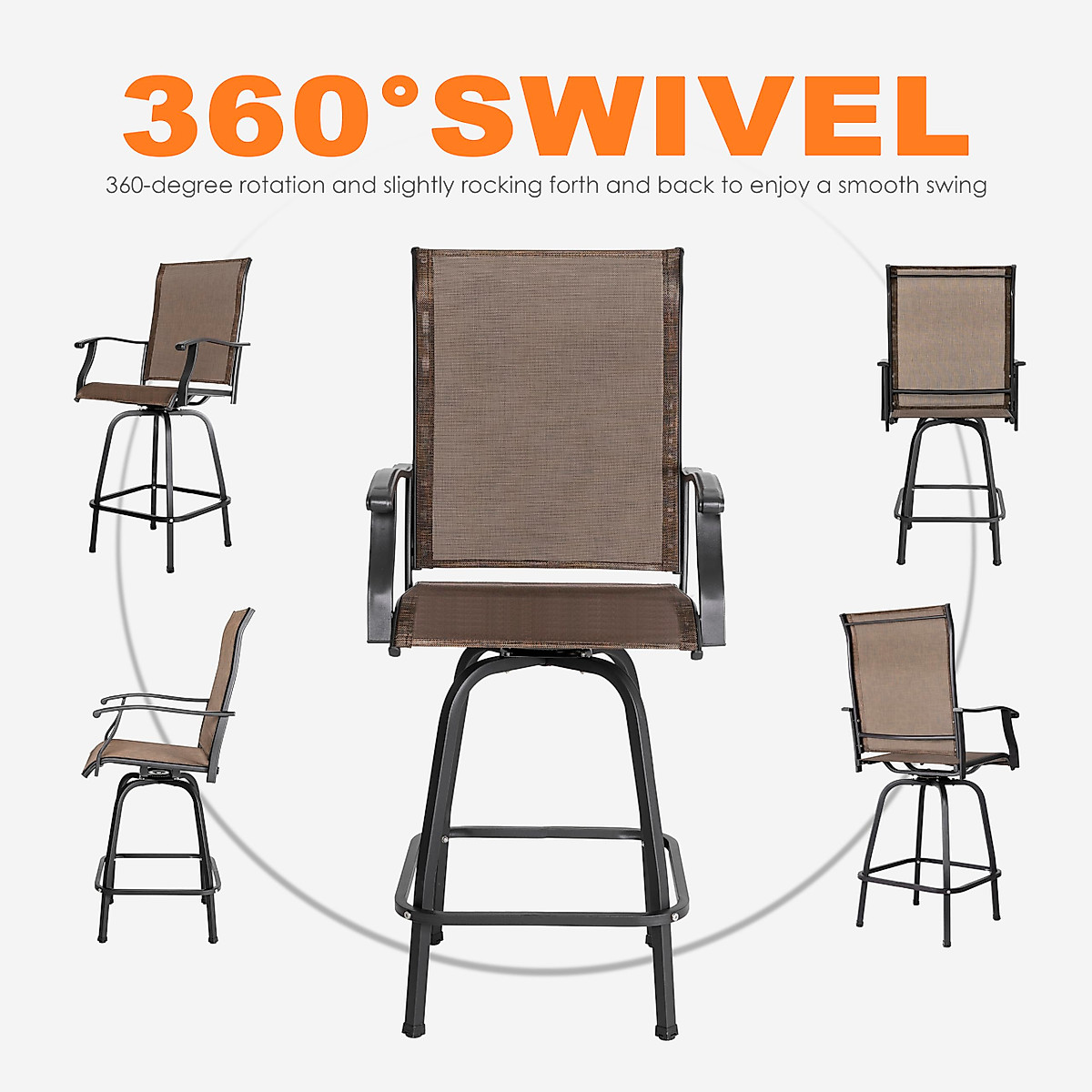 NUU GARDEN 5 Piece Patio Bar Set with Square Silk Screen Bar Height Glass Table and 4 Counter Textilene Height Swivel Chairs for Patio, Yard, Outdoor, Black&Brown