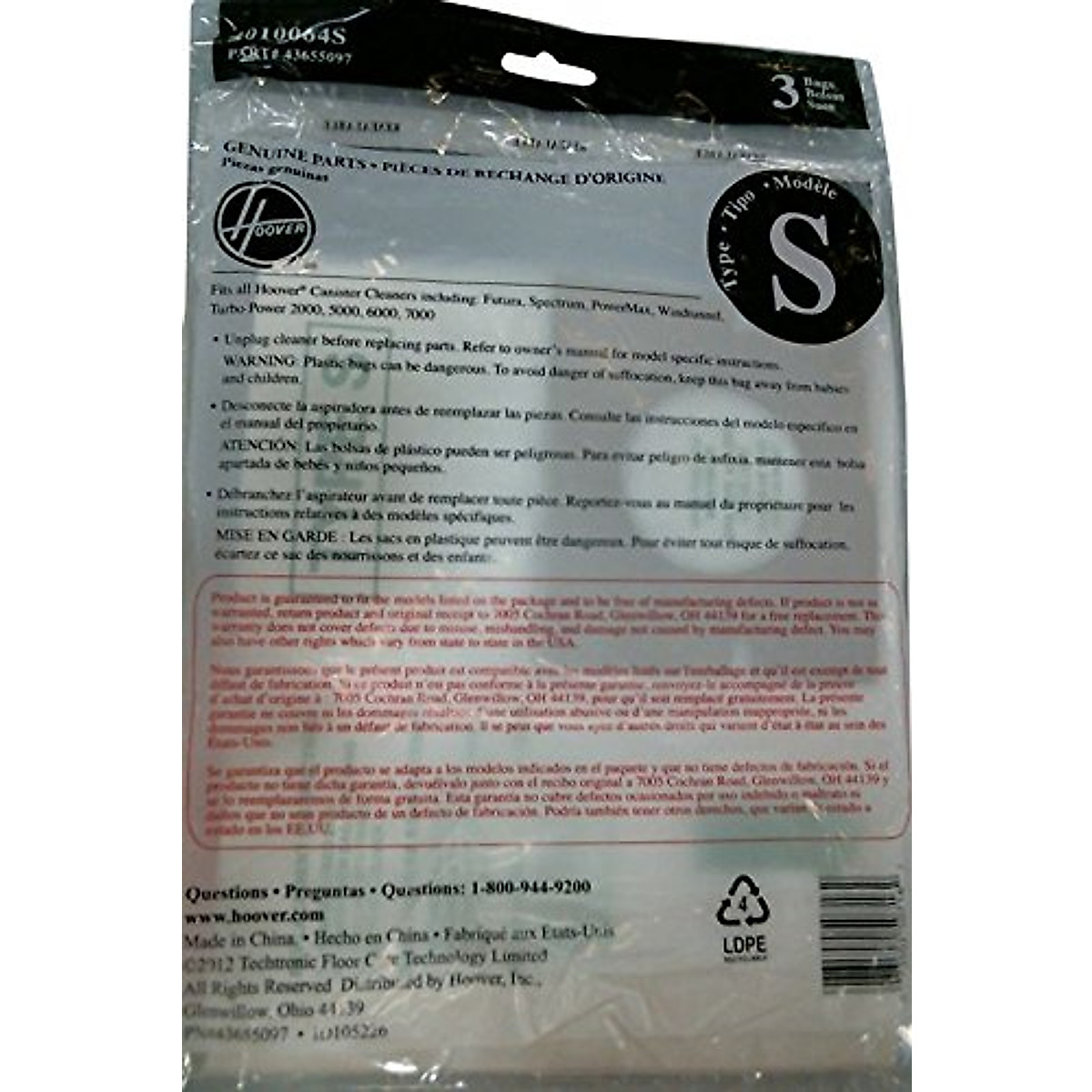 HOOVER Type S Bag (3-Pack), 4010064S,White