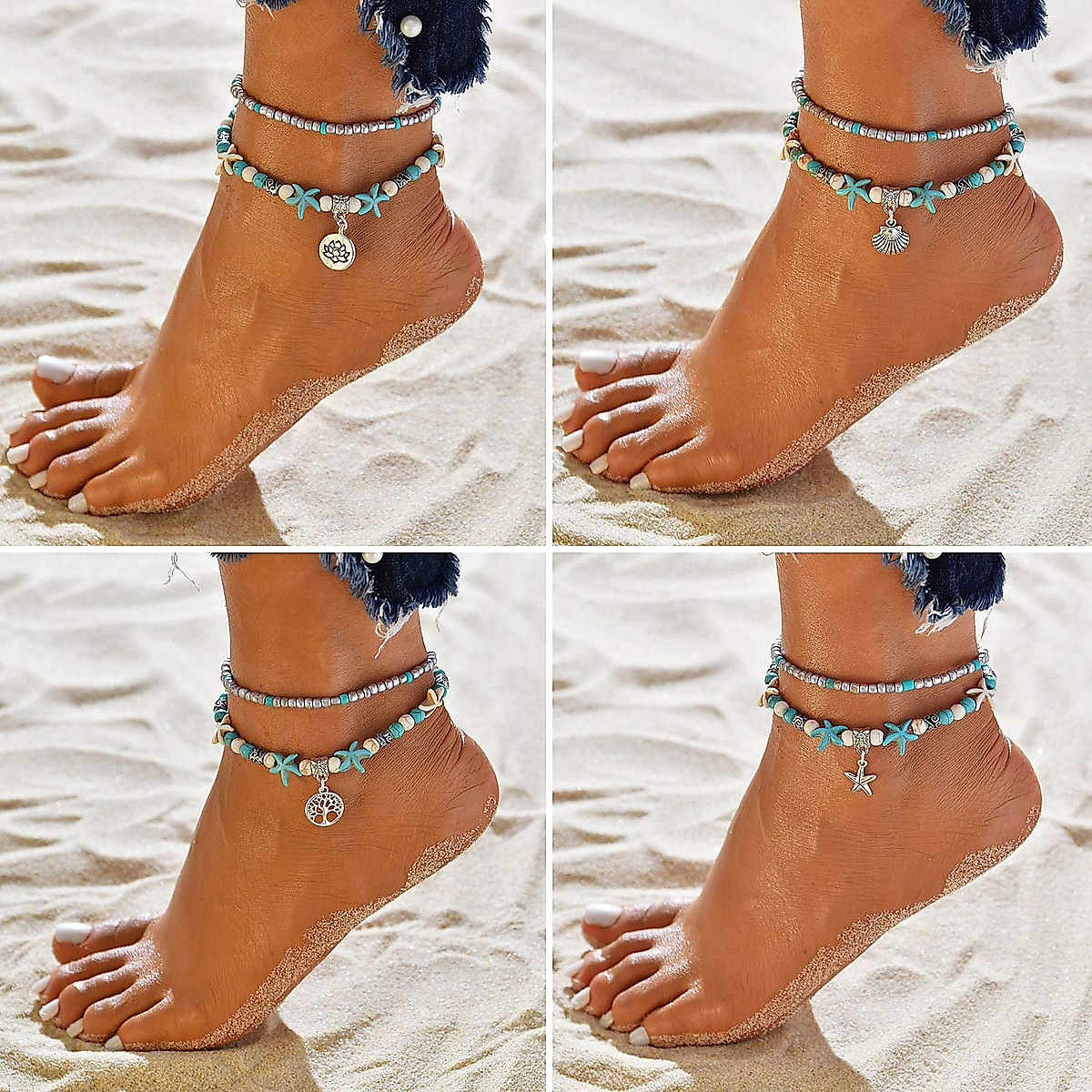 Suyi Sea Turtle Ankle Bracelet Set Multilayer Beach Anklets Handmade Boho Anklets for Women 5pcs