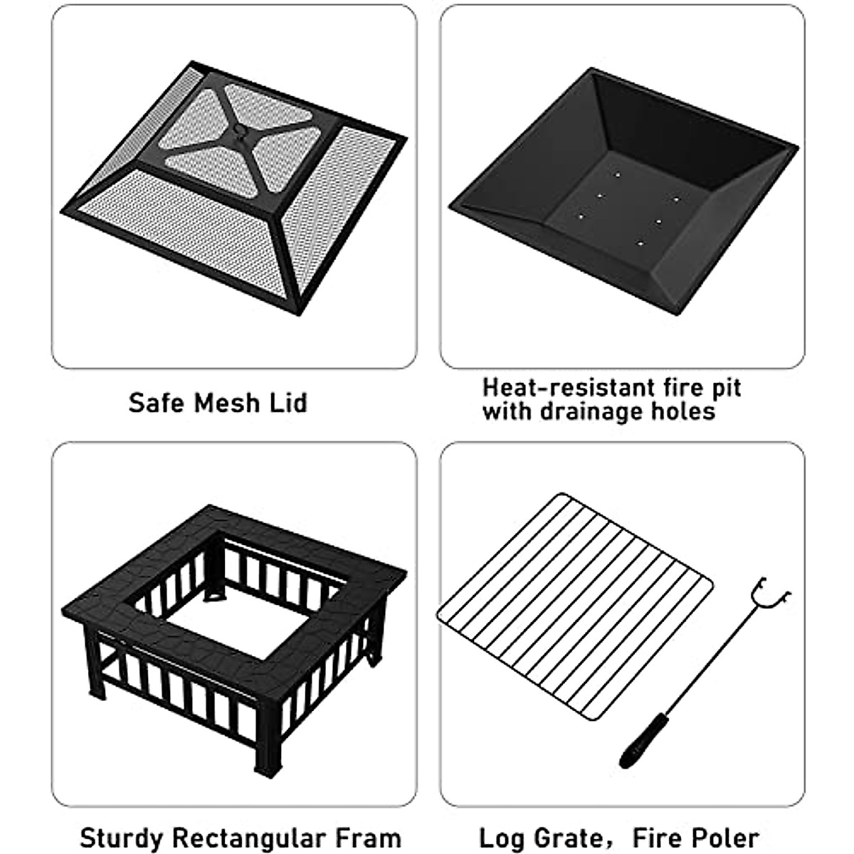 Fire Pit Outdoor Fire Pits with Heat-Resistant Coating Iron Tabletop Outdoor Wood Burning with Spark Screen Cover and Poker
