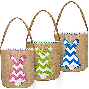 TURNMEON 3 Pack Easter Bunny Baskets for Kids, Personalized Candy Easter Eggs Hunt Basket Tote with Rabbit Fluffy Tail Gifts Bags for Boys Girls Easter Party Favors Decorations Toy