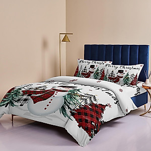 Merry Christmas Snowman Winter Snowflake Duvet Cover Sets 4 Piece Queen Ultra Soft Bed Quilt Cover Set for Kids/Teens/Women/Men,Plaid Xmas Tree Bedding Collection All Season Use