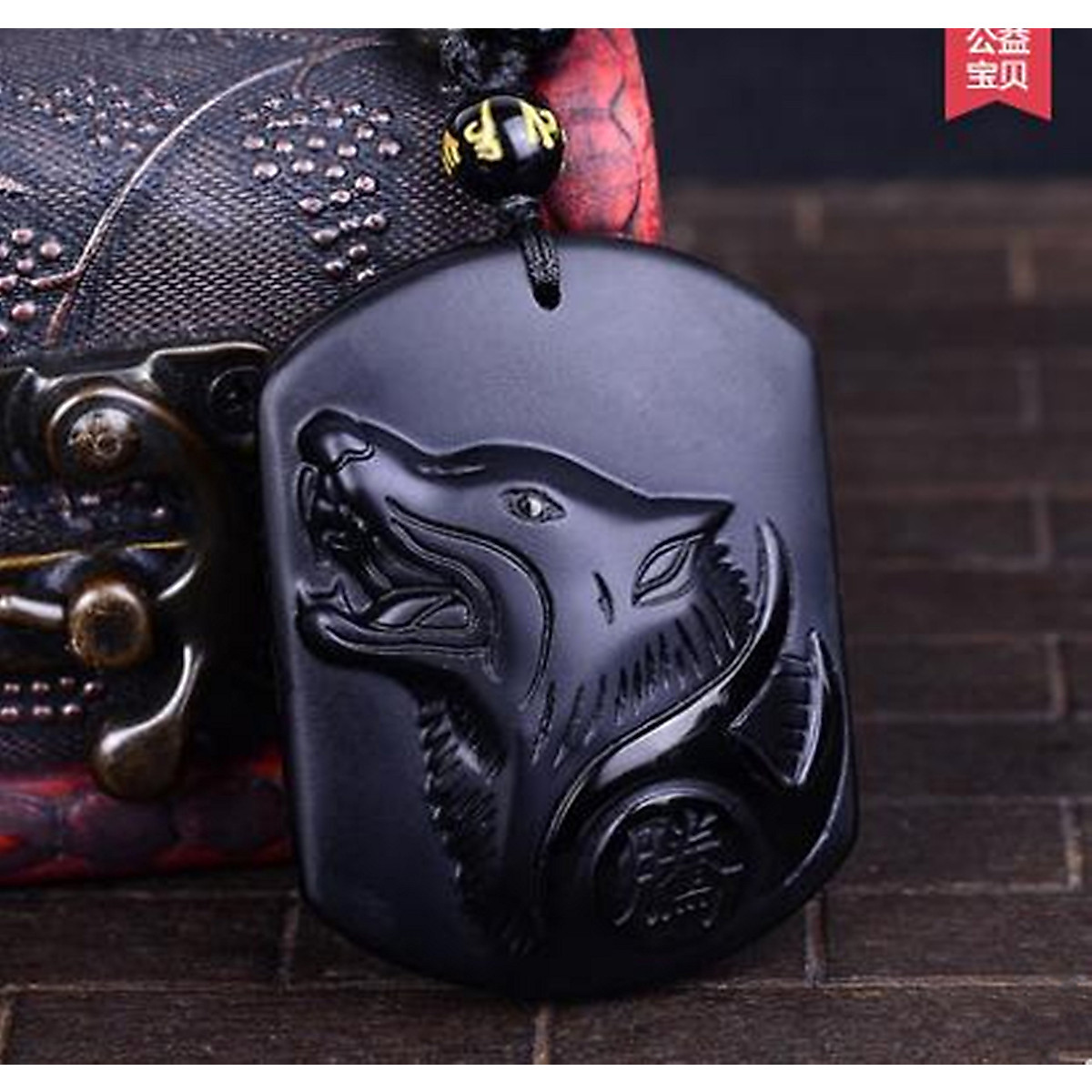 Excellent Natural Obsidian Wolf's Head Charm Wish Good Luck Beaded Pendant Necklace