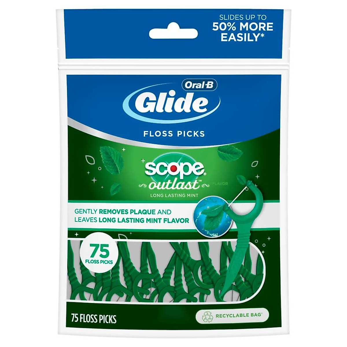 Oral-B Complete Glide Dental Floss Picks Plus Scope Outlast, Long Lasting Mint, 75 Dental Floss Picks, Green, Older Version, 450 Count, Pack of 6
