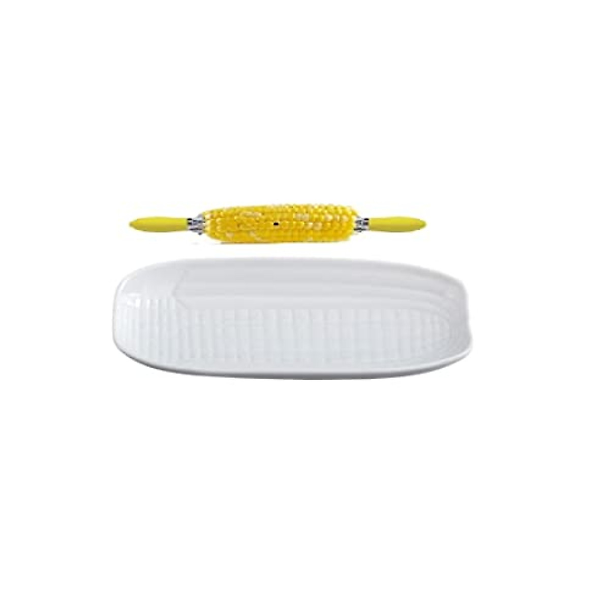 Friwer White Porcelain 9 Inch Corn Cob Tray, Set of 4 - with 8 Stainless Steel Soft Grip Corn Picks