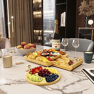 C&AHOME Cheese Board Set, Cheese Board Set and Knife Set, Bamboo Cheese Tray Platter, Cheese Platter Unique House Warming Gifts, Ideal for Birthday, Housewarming, Wedding Gifts, Natural UCBSBKFN