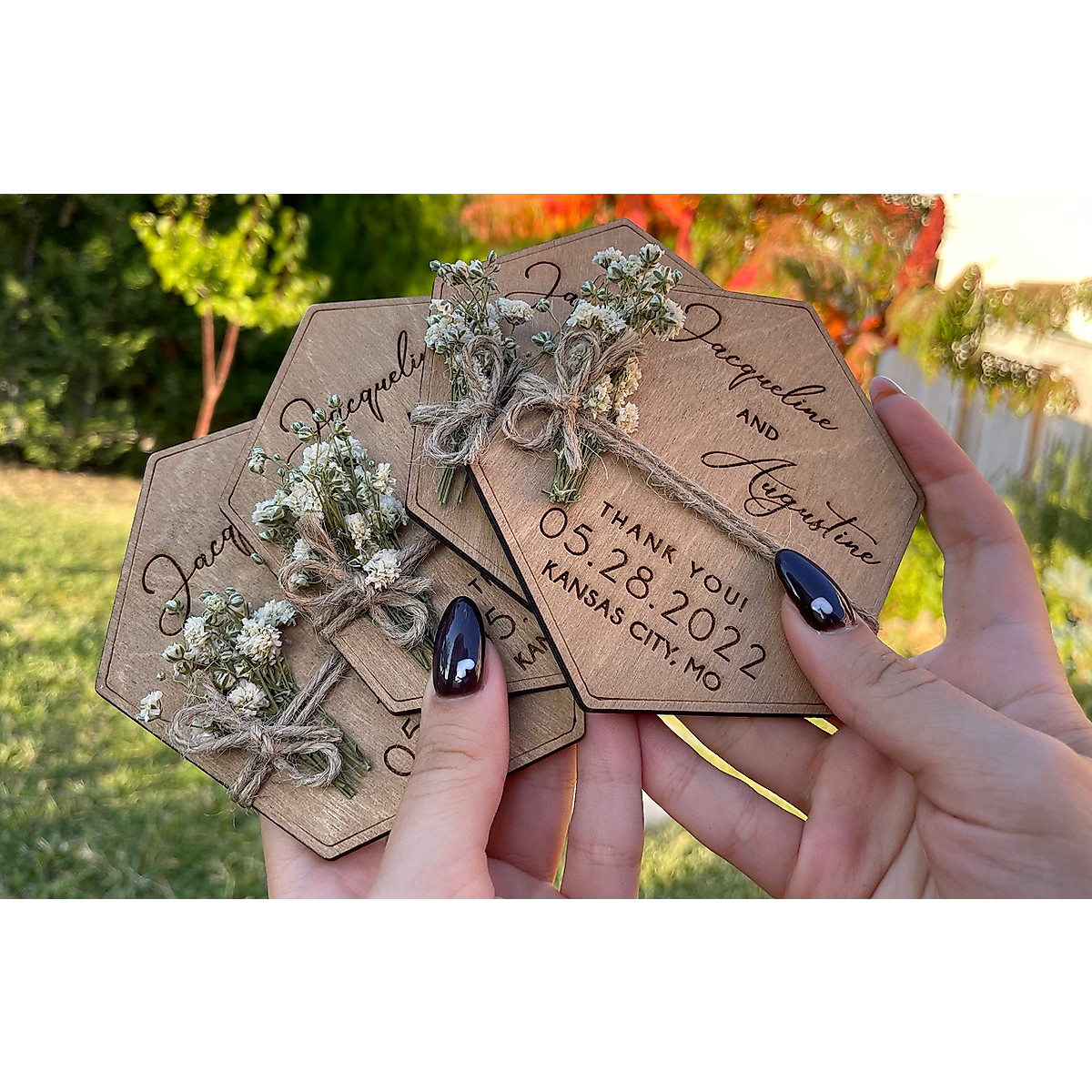 vitawed Hexagon Floral Wedding Favors, Personalized Wedding Favor, Wooden Magnet with Envelopes and Stickers, Pack of 8 to 300