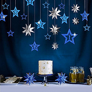 Decor365 Blue Silver Star Party Decoration Kit Metallic Glitter 3D Star Garland Twinkle Little Star Cutouts Starry Party Supplies Hanging Decor for Birthday Baby Shower Graduation Wedding Ramadan