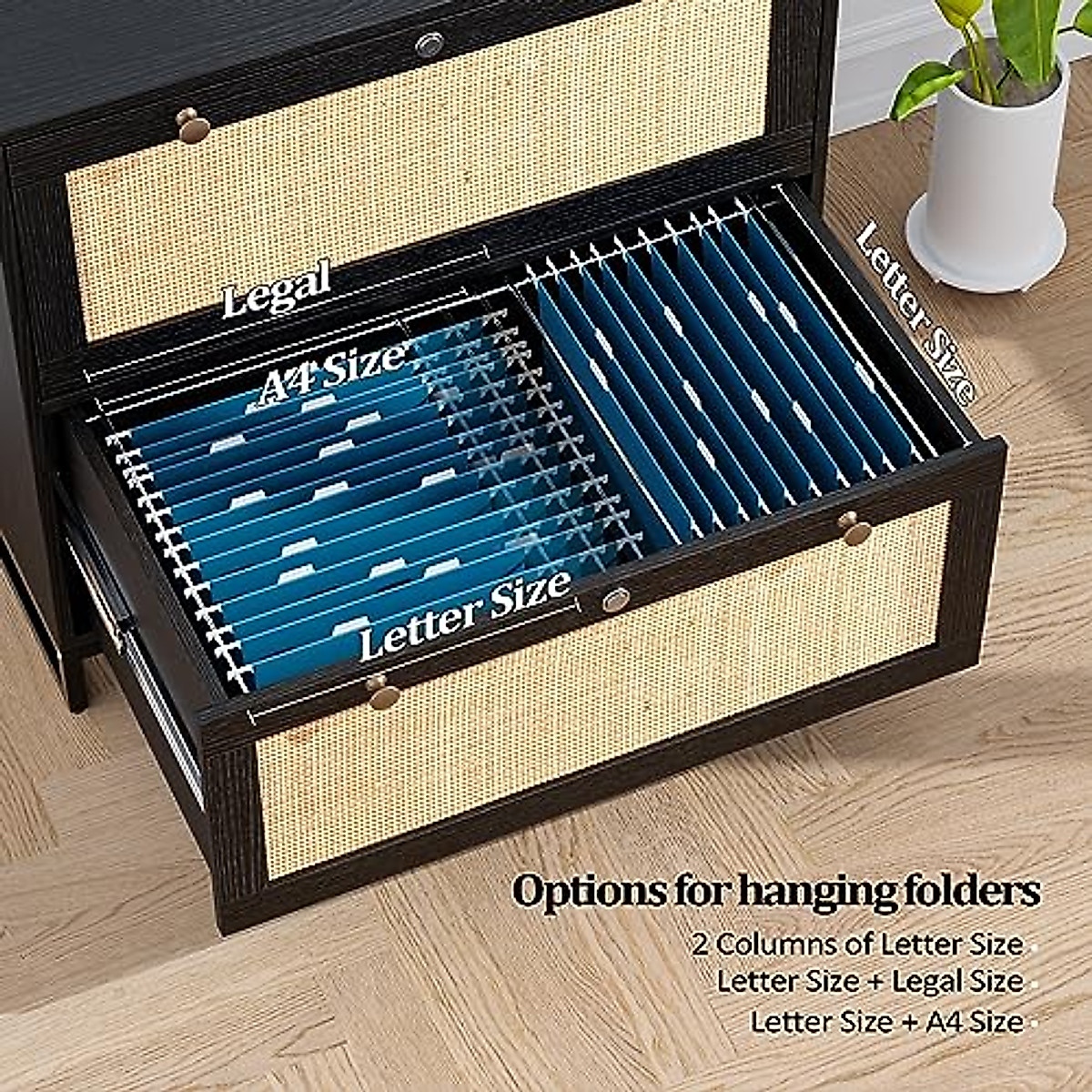 VINGLI Black Rattan 2 Drawer Lateral File Cabinet with Lock, Wood Locking File Cabinets for Home Office, File Cabinet Printer Stand for Hanging Letter/Legal Size Labeled Folders, Oak, 30W x 16D x 28H