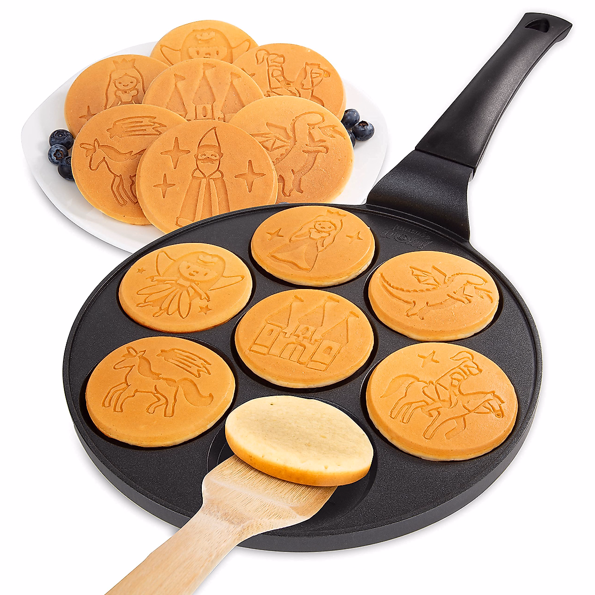 CucinaPro Fantasy Friends Mini Pancake Pan - Nonstick Griddle for Breakfast Magic, Featuring a Princess Castle & More, 7 Unique Flapjacks