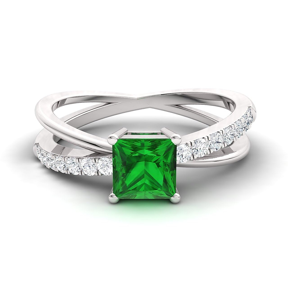 Diamondere Natural and Certified Emerald and Diamond Engagement Ring in 14K White Gold | 0.77 Carat Sidestone Ring for Women, US Size 7