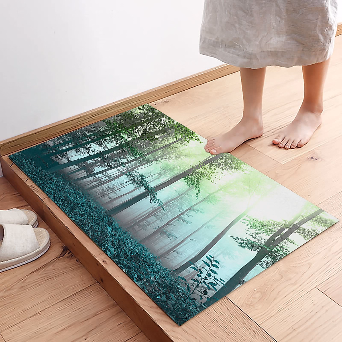ALAGEO Fall Doormat Sunshine Teal Green Forest Door Mat Welcome Mats Entrance Floor Mat Trees Mist Fall Seasonal Harvest Thanksgiving Floor Mat Outdoor Indoor Runner Rugs Non-Slip Floor Mat 16"x24"