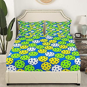 Pickleball Bed Set Ball Sports Themed Teens Sheet Set for Boys Girls Men Yellow White Green Pickleball Bed Sheets Blue Decor Sheets with 1 Pillowcase 3Pcs Bedding Twin