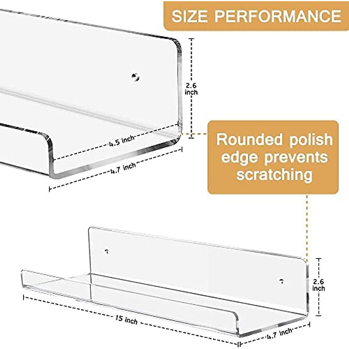 JUOIFIP Clear Acrylic Floating Shelves 2 Pack, 15” Modern Acrylic Picture Display Shelves, Wall Mounted Storage Shelf for Home, Kitchen,Office, Invisible Kids Bookshelf Spice Rack