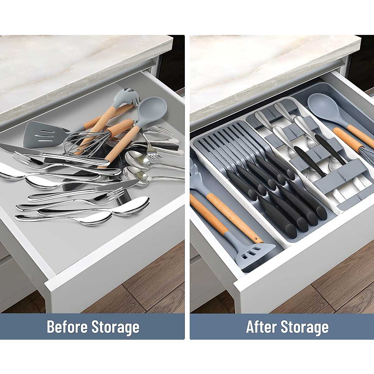 Kitchen Drawer Organizer, Silverware Organizer w/ Knife Block, Expandable Utensil Organizer and Cutlery Tray for Drawers, Large Silverware Tray for Kitchen Utensils Flatware Knives Storage & Organize