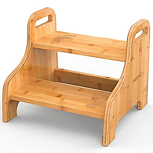 Wooden Kids Adults Step Stool, DORPU Toddler Step Stool for Bathroom Sink, 2 Step Potty Stool with Handles, Bamboo Step Stool, Natural