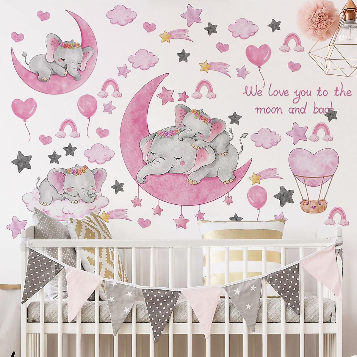 Suplanet Baby Girl Nursery Wall Decor, Elephant Nursery Wall Decal, Moon and Stars Nursery Decor, Baby Nursery Decor Girl, Baby Elephant Nursery Decor, Baby Room Decor Girl, Nursery Wall Stickers