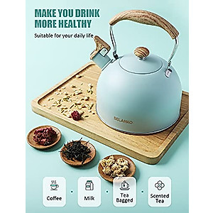 Tea Kettle, BELANKO 85 OZ / 2.5 Liter Whistling Tea Kettle, Tea Pots for Stove Top Food Grade Stainless Steel with Wood Pattern Folding Handle, Loud Whistle Kettle for Tea, Coffee, Milk - Turquoise