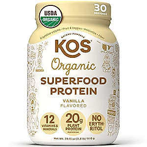 KOS Vegan Protein Powder Erythritol Free, Vanilla USDA Organic - Pea Protein Blend, Plant Based Superfood Rich in Vitamins & Minerals - Keto, Dairy Free - Meal Replacement for Women & Men, 30 Servings