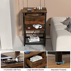YAKANJ Modern Nightstand with Charging Station and Drawer,3-Tier Side Table End Table for Living Room,Bedroom,Narrow Sofa Table Bedside Table with Storage Shelf for Small Spaces-Brown