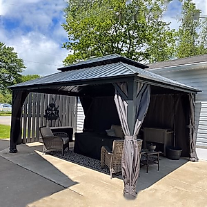 Domi Hardtop Gazebos 12x16FT, Aluminum Metal Gazebo with Galvanized Steel Double Roof Canopy, Curtain and Netting, Permanent Gazebo Pavilion for Patio, Backyard, Deck and Lawn, Grey