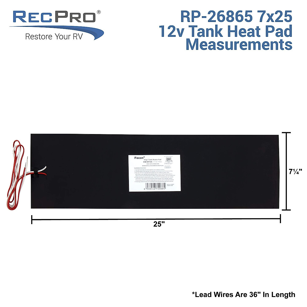 RecPro RV Tank Heater Pad Kit | 7 1/4" x 25" | Fresh Water | Grey Water | Holding Tank | Up to 50 Gallons | 12V | Toggle Switch and Wire Included | Elbow Pipe Heater Pad (3 Pads)