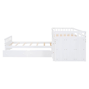 MERITLINE Twin Size Low Loft Bed and Twin Platform Bed Set, Solid Wood L-Shaped Kids Beds Frame with 7 Storage Drawers and Full Guardrails, Space-Saving 2 Beds for Girls Boys,White