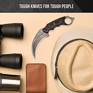 BIGCAT ROAR 7.5″ Handmade Karambit Damascus Hunting Knife with Leather Sheath - Ideal for Skinning, Camping, Outdoor - Full Tang Fixed Blade Karambit Knife with Walnut Wood Handle - Desert Fox