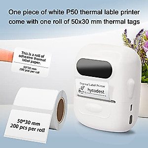 hycodest Thermal Label Printer P50 Wireless Bluetooth Portable Printer Label Maker Machine with Tape (50x30 mm, 200 pcs) Compatible with Android & iOS System, White